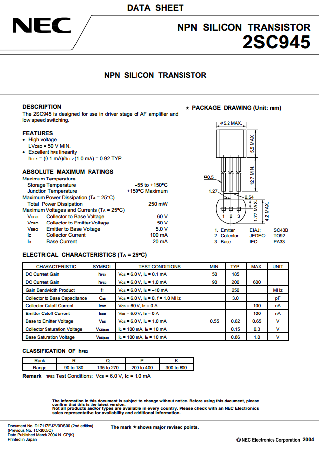LOT DE 10 TRANSISTORS NPN - 2SC945 - 50V - 100mA - 250mW