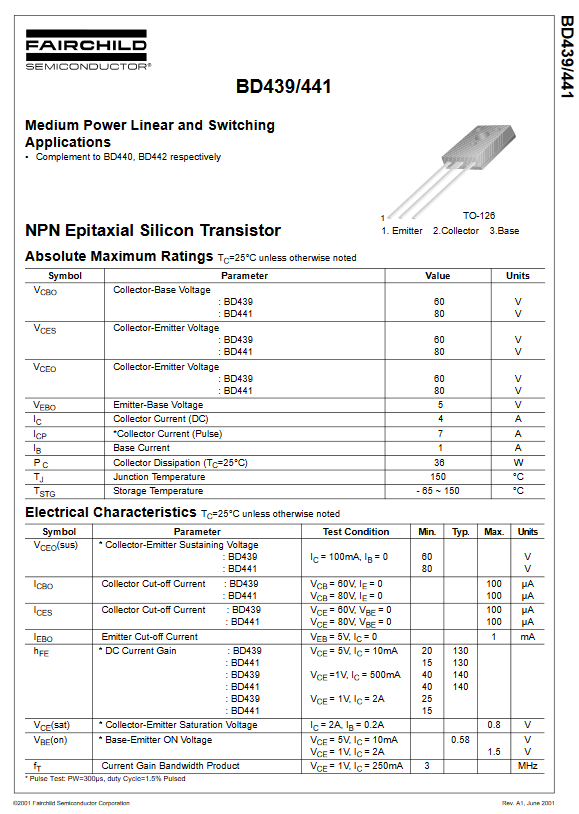 LOT DE 4 TRANSISTORS DE PUISSANCE - BD439 - 60V 4A 36W - NPN >=BD437 ...
