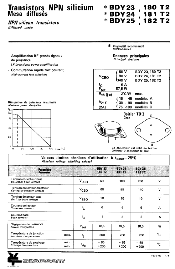 LOT DE DEUX TRANSISTORS NPN MESA DIFFUSE - BDY25 - 140V - 6A - 87,5W - THOMSON