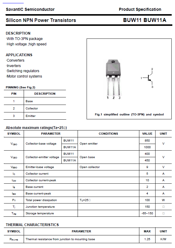 TRANSISTOR DE PUISSANCE 450V 5A 100W - TO218AA - BUW11A