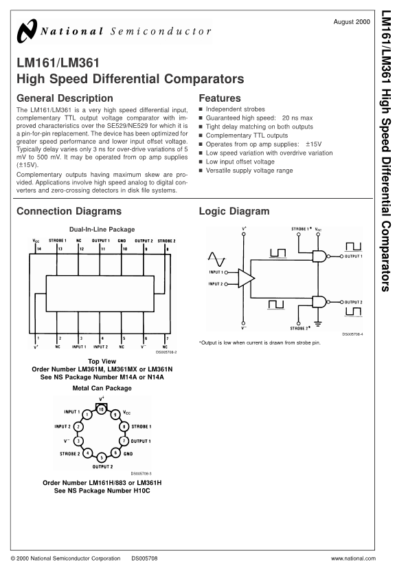 CIRCUIT INTEGRE - LM361N - DIL14 - High Speed Differential Comparators