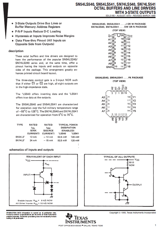 Lot de 2 Circuits Intégrés - SN74LS541N - Oct. Buff. and Line Drivers with 3-State Out - Texas ...