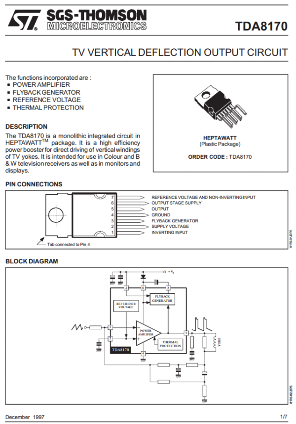 CIRCUIT INTEGRE - TDA8170 - TV VERTICAL DEFLECTION OUTPUT CIRCUIT