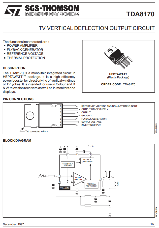 CIRCUIT INTEGRE - TDA8170 - TV VERTICAL DEFLECTION OUTPUT CIRCUIT