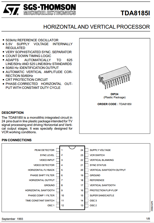 CIRCUIT INTEGRE - TDA8185 - HORIZONTAL AND VERTICAL PROCESSOR
