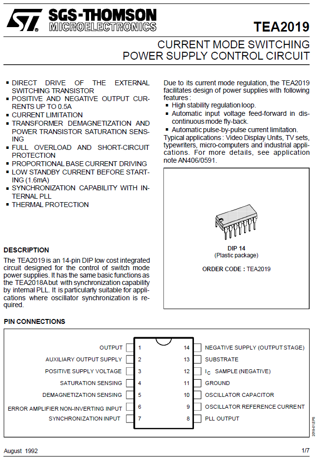 CIRCUIT INTEGRE - TEA2019 - SMPS